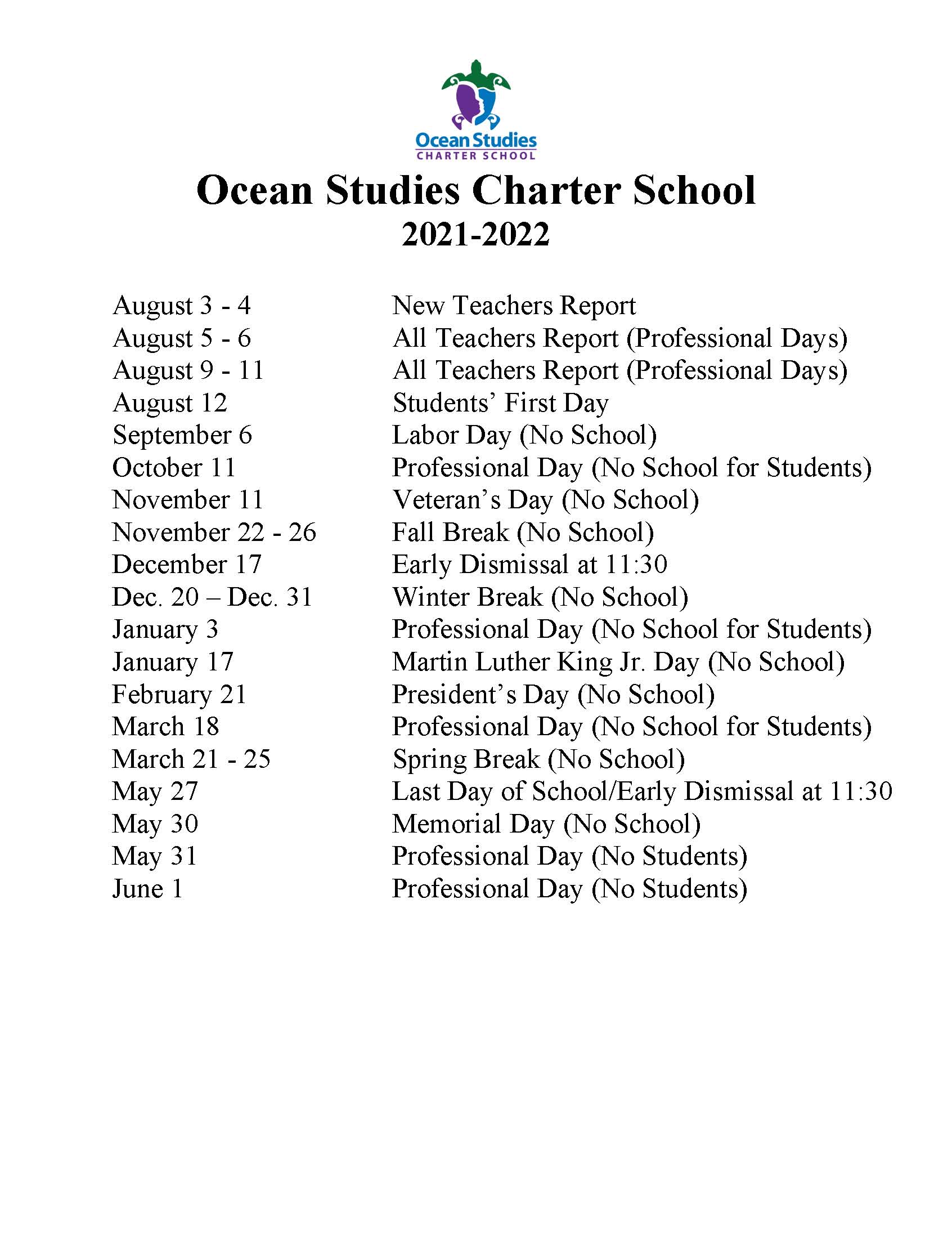 Ocean Studies Charter School Yearly School Calendar