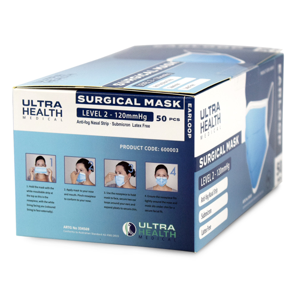 ULTRA HEALTH Surgical Mask - Level 2 Sub Micron with Ear loops