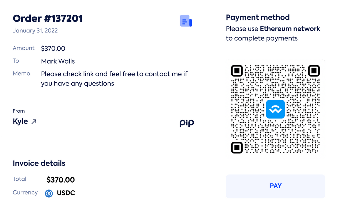 PIP Invoice | Create and Send crypto invoices with email billing
