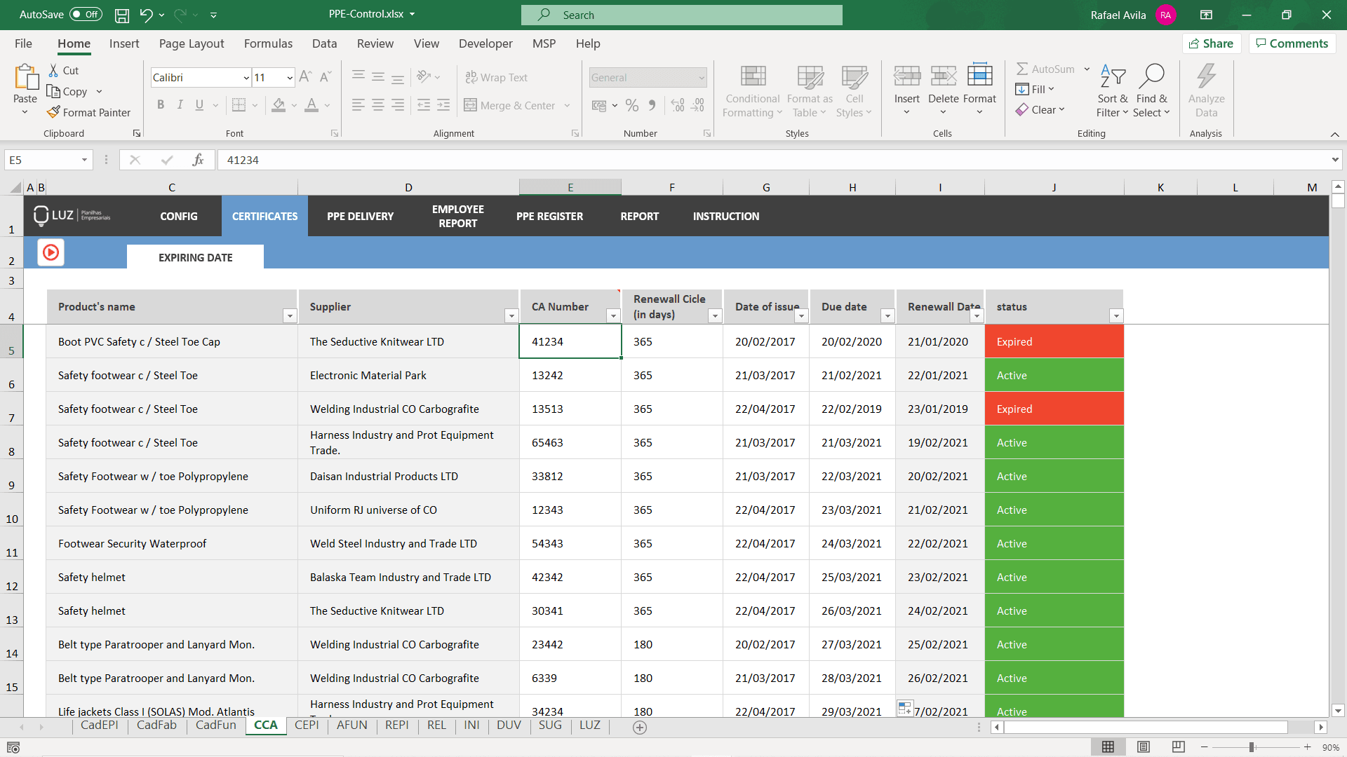 PPE Control Excel Spreadsheet Template - LUZ Templates