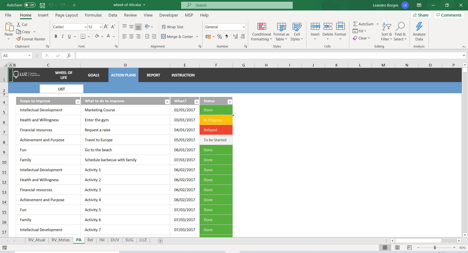 Wheel of Life Coaching Excel Spreadsheet Template - LUZ Templates