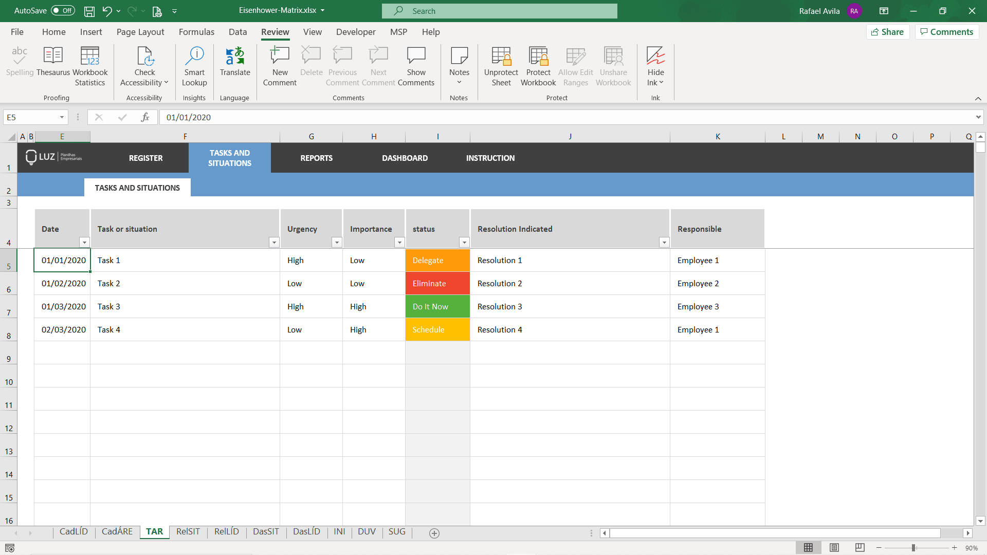 Eisenhower Matrix Excel Spreadsheet Template - LUZ Templates