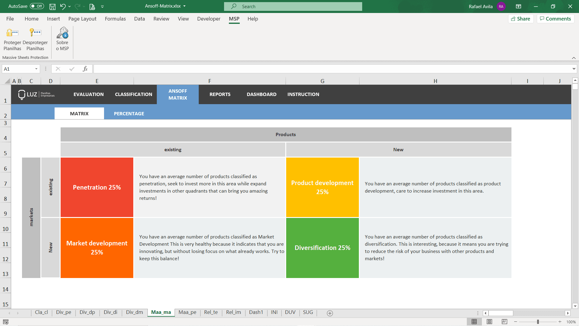 ANSOFF Matrix Excel Spreadsheet Template - LUZ Templates