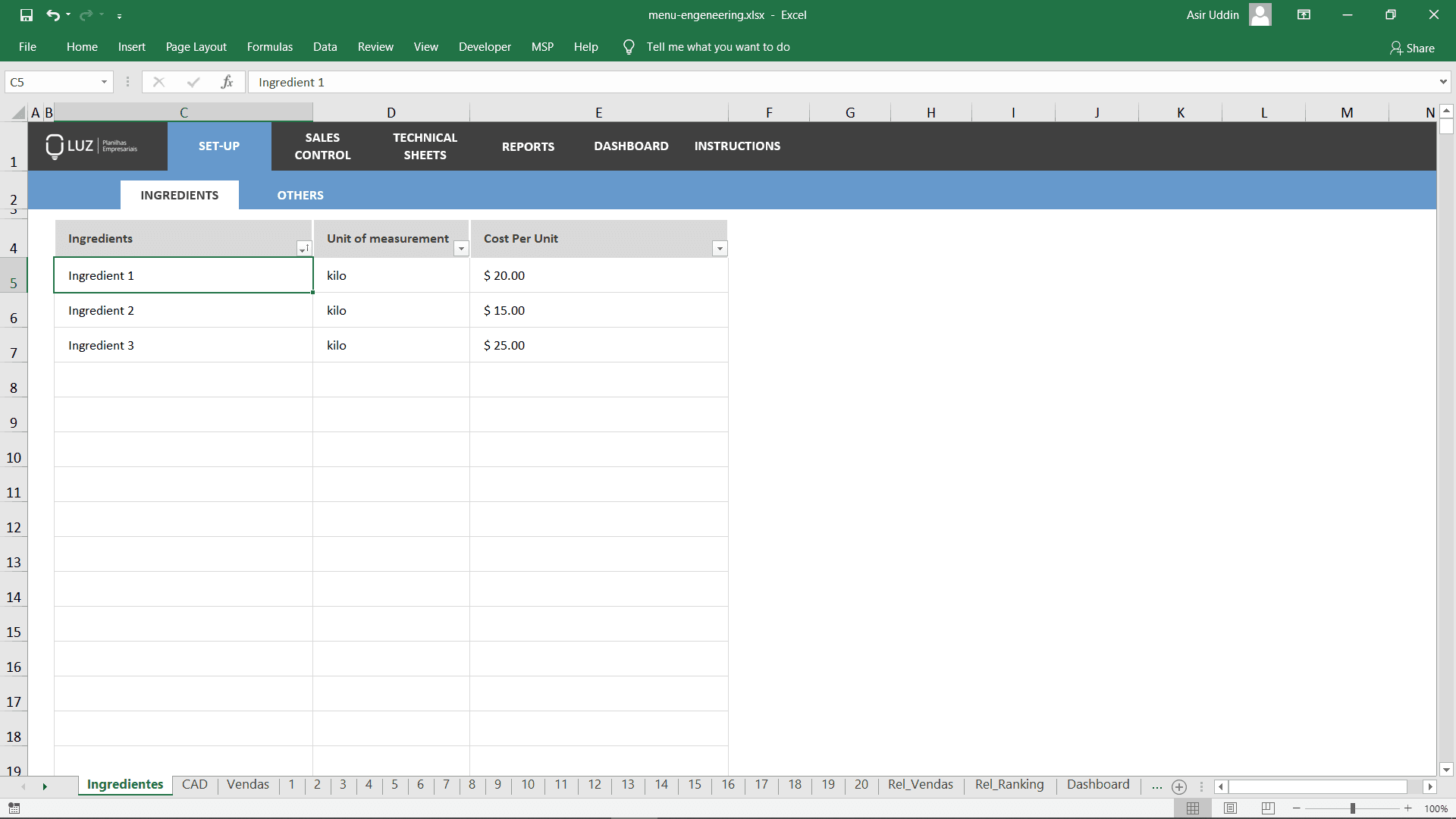 Restaurant Menu Engineering Excel Spreadsheet Template - LUZ Templates