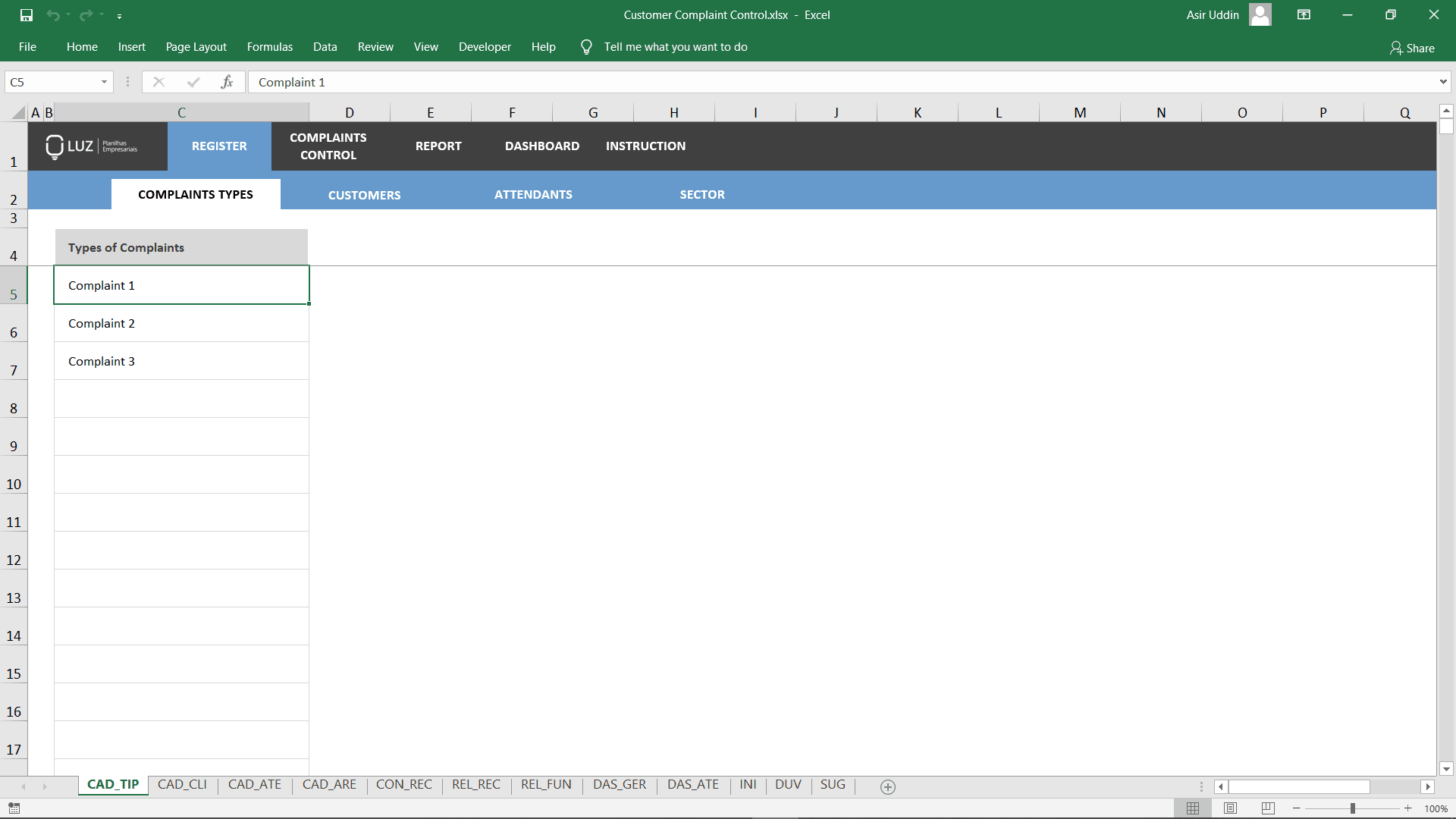 Customer Complaint Control Excel Spreadsheet Template - LUZ Templates