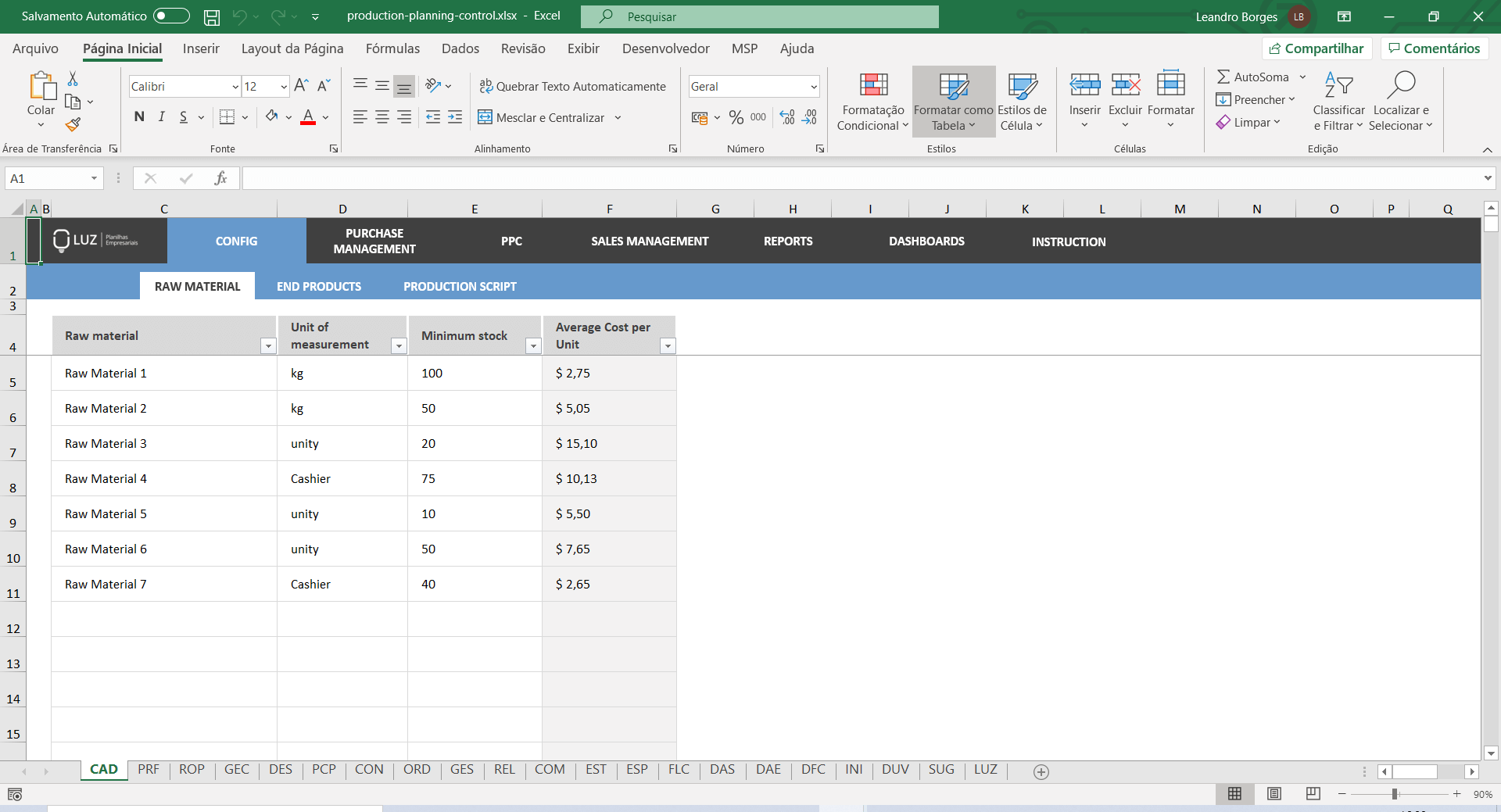Production Planning and Control Excel Spreadsheet Template - LUZ Templates