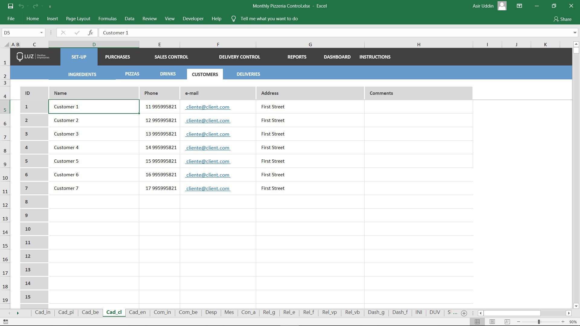 Pizzeria Control Excel Spreadsheet Template - LUZ Templates