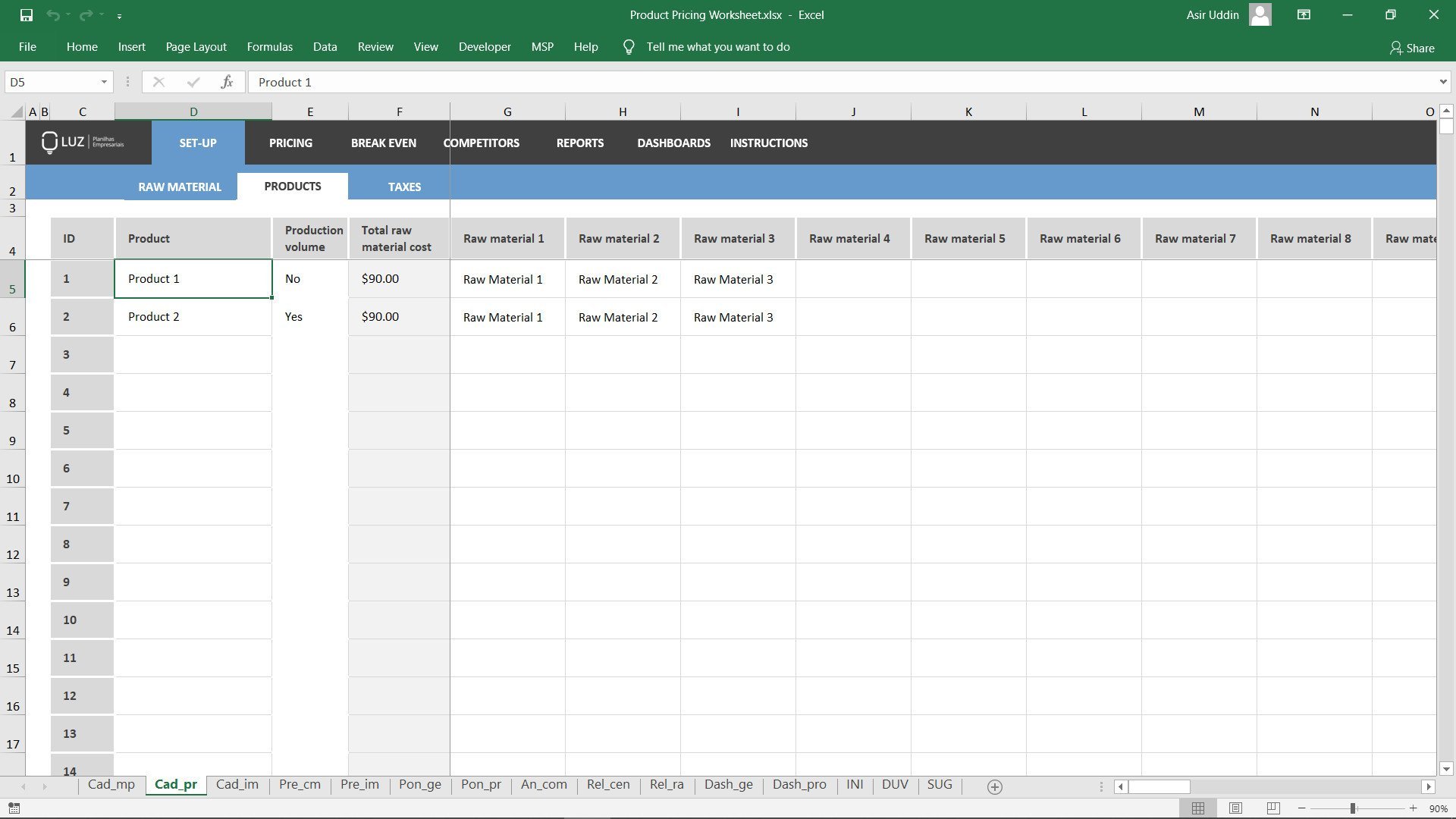 Product Pricing Excel Spreadsheet Template - LUZ Templates