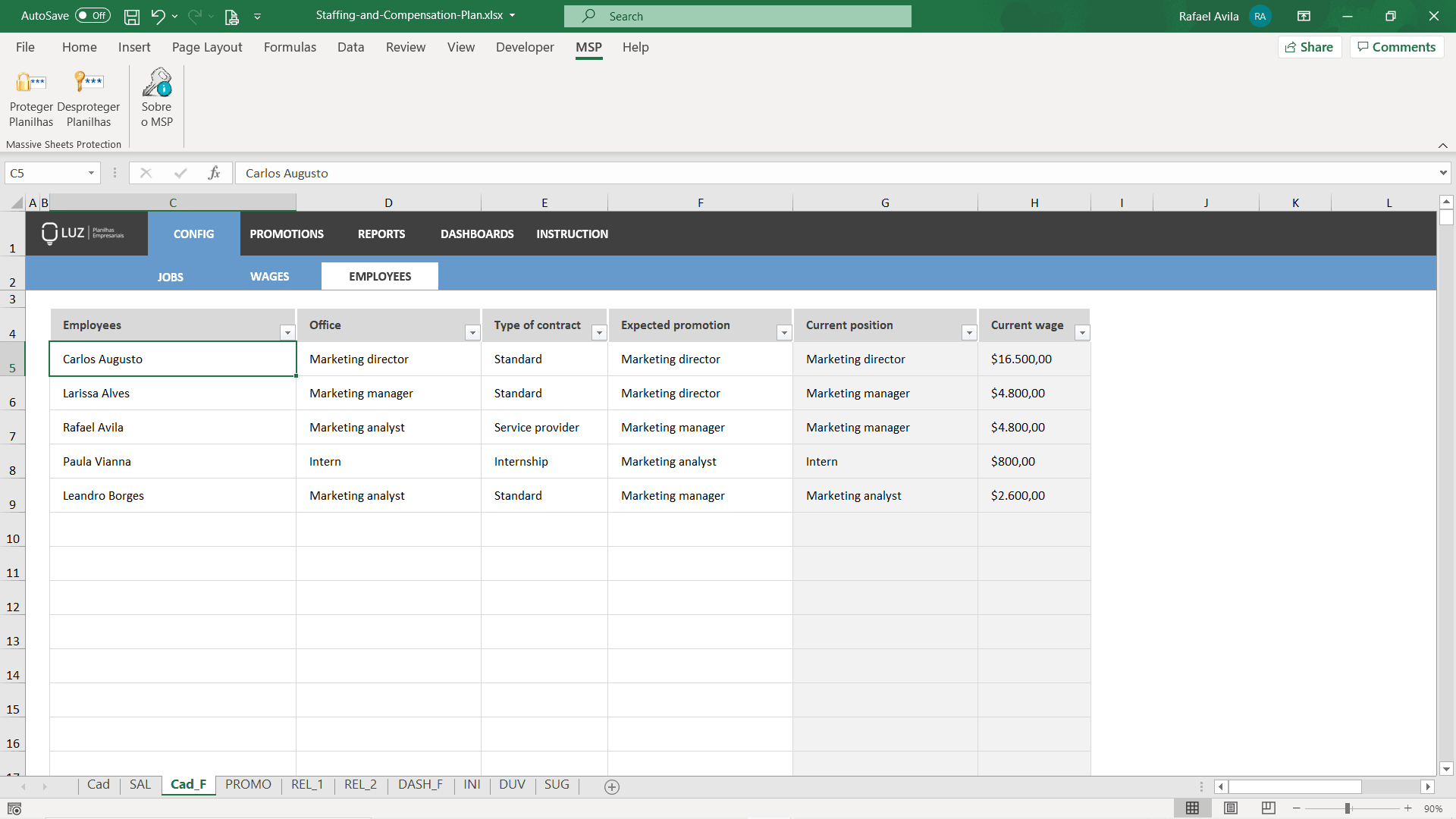 Staffing and Compensation Plan Excel Spreadsheet - LUZ Templates