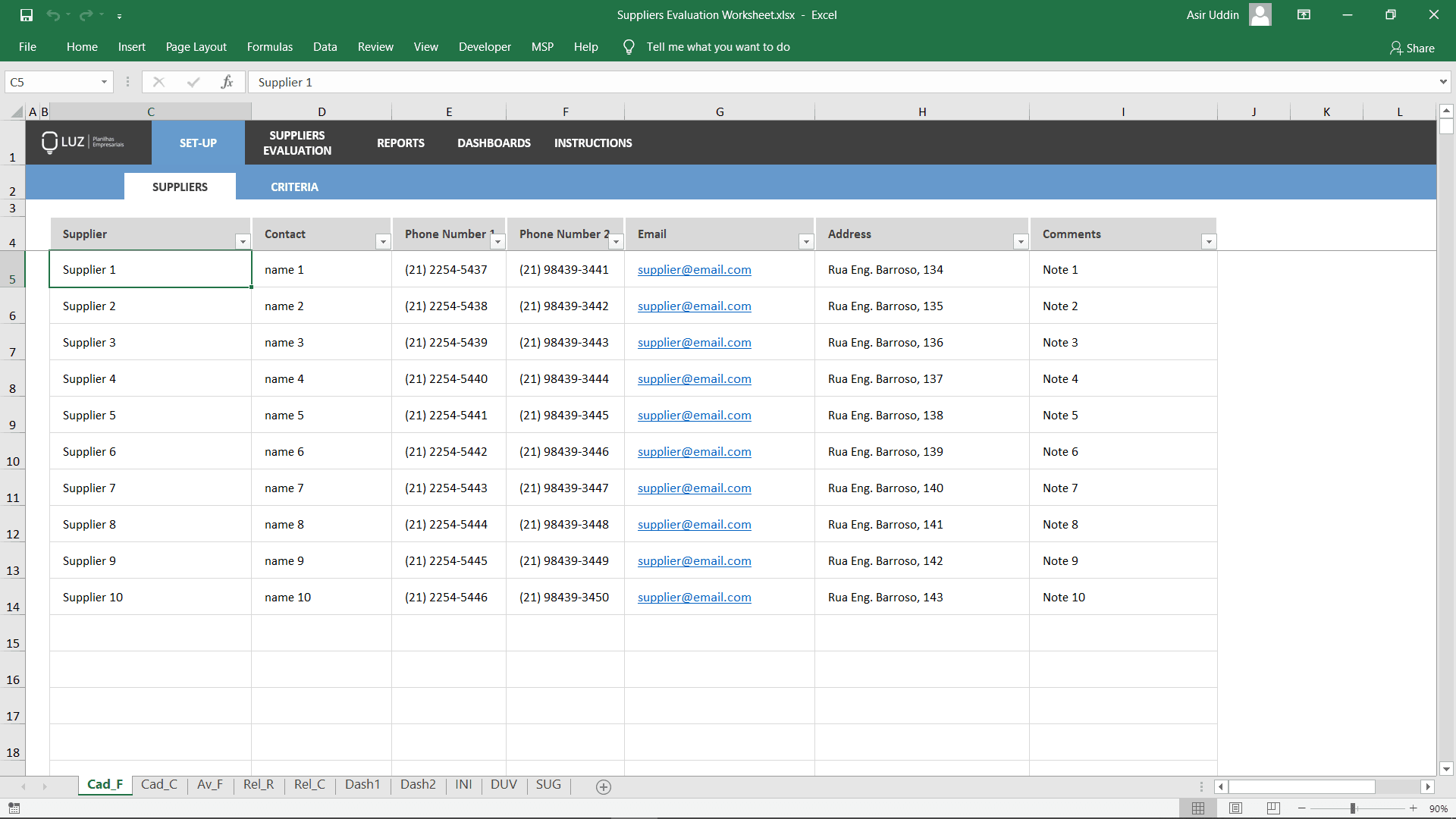 Suppliers Evaluation Excel Spreadsheet Template - LUZ Templates