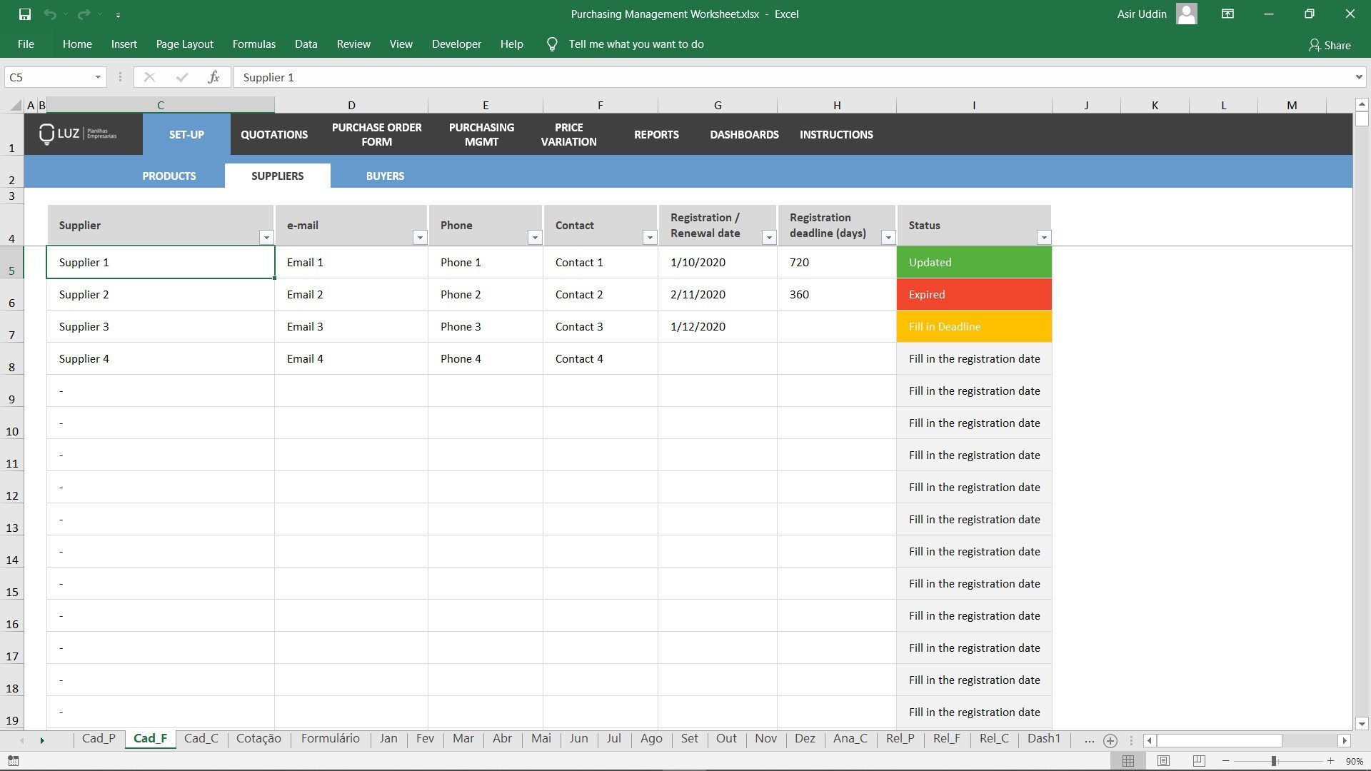 Purchasing Management Excel Spreadsheet Template - LUZ Templates
