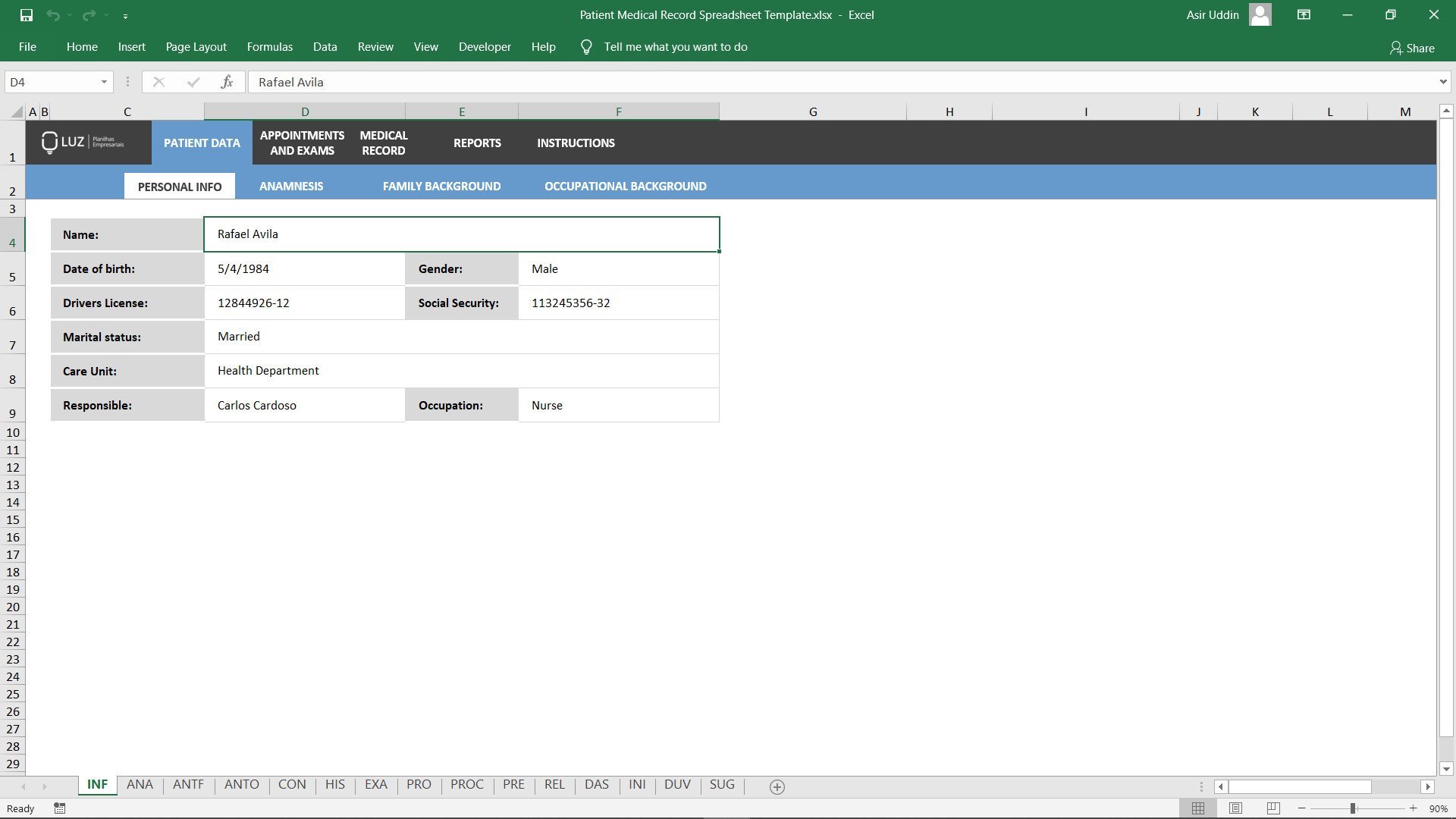 Patient Medical Record Excel Spreadsheet Template - LUZ Templates