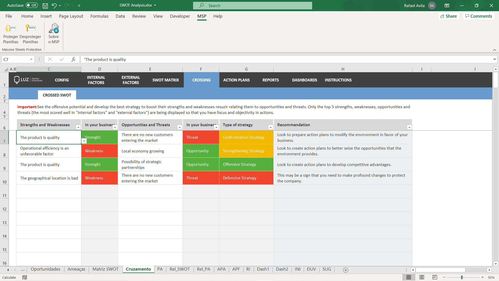 SWOT Analysis Excel Spreadsheet Template - LUZ Templates