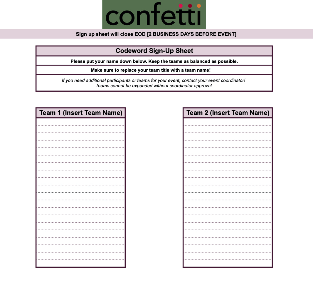 Codeword Sign-Up Sheet | Confetti 🎉