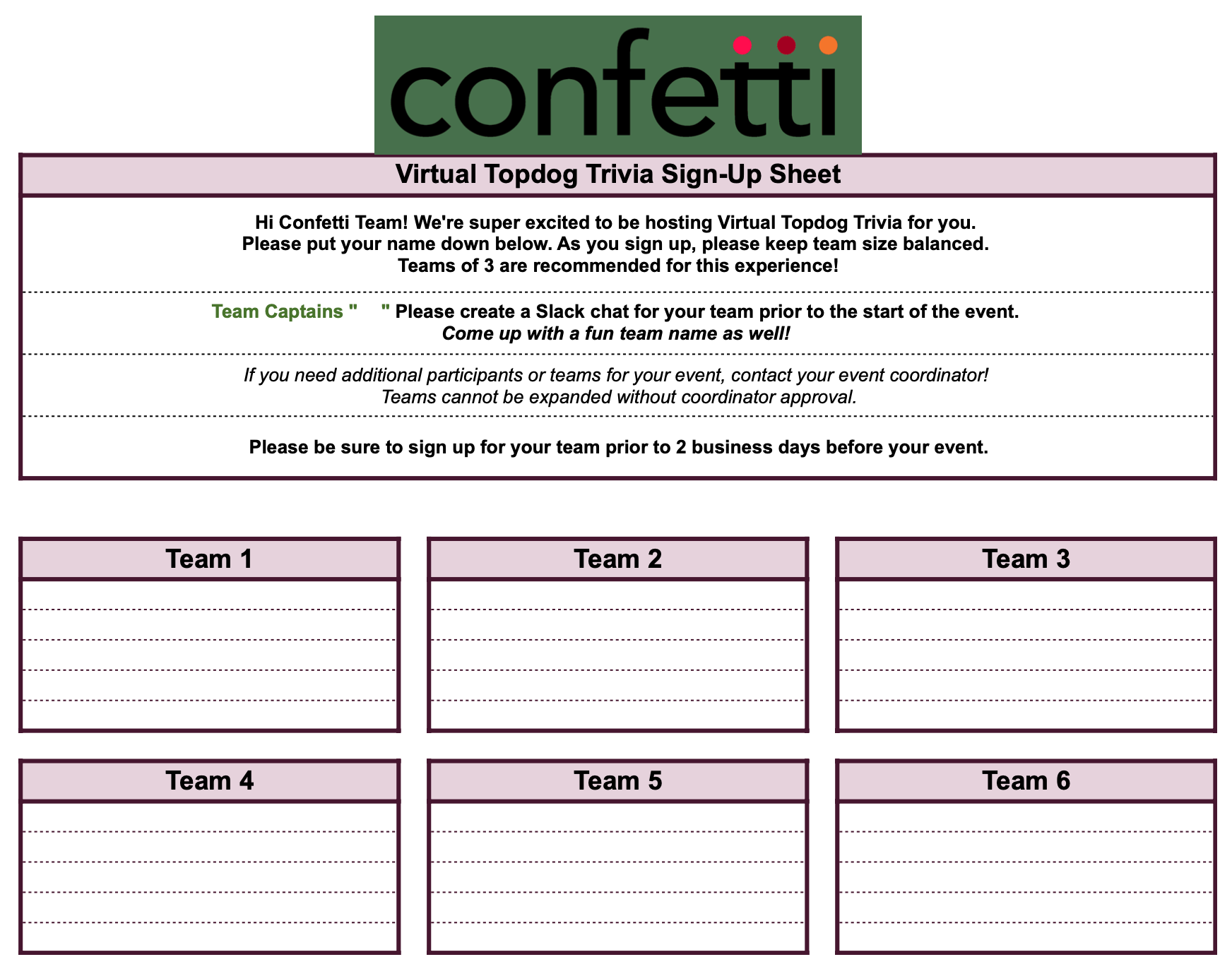 Topdog Trivia Sign-Up Sheet | Confetti 🎉
