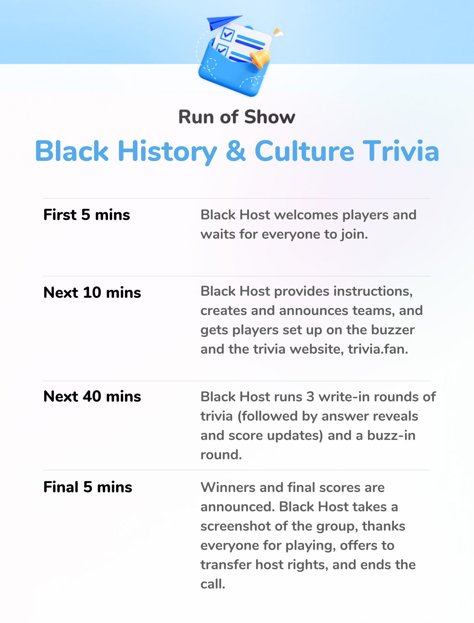 Black History & Culture Trivia Sample Schedule | Confetti 🎉