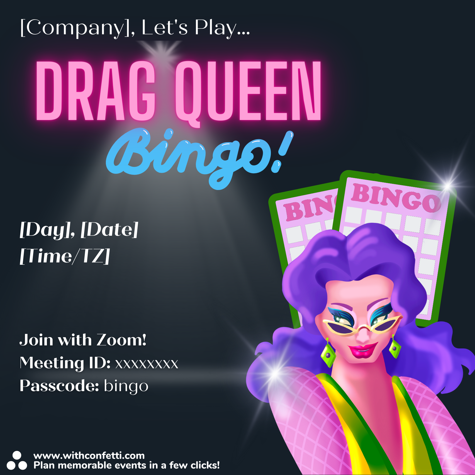 Virtual Drag Queen Bingo Event Invitation | Confetti 🎉