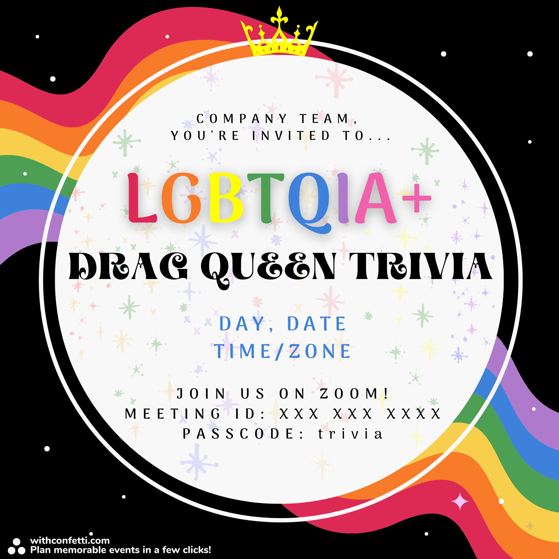 LGBTQIA+ Drag Queen Trivia Event Invitation | Confetti 🎉