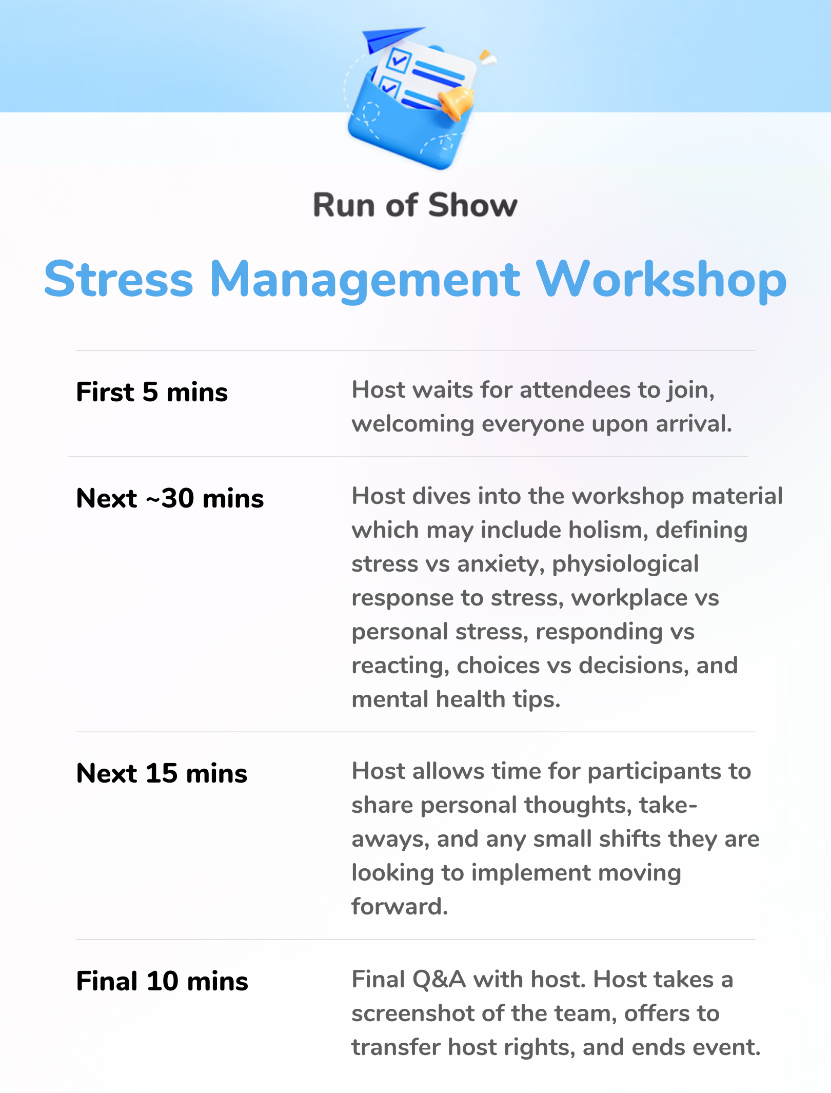 Stress Management Workshop Sample Schedule | Confetti 🎉