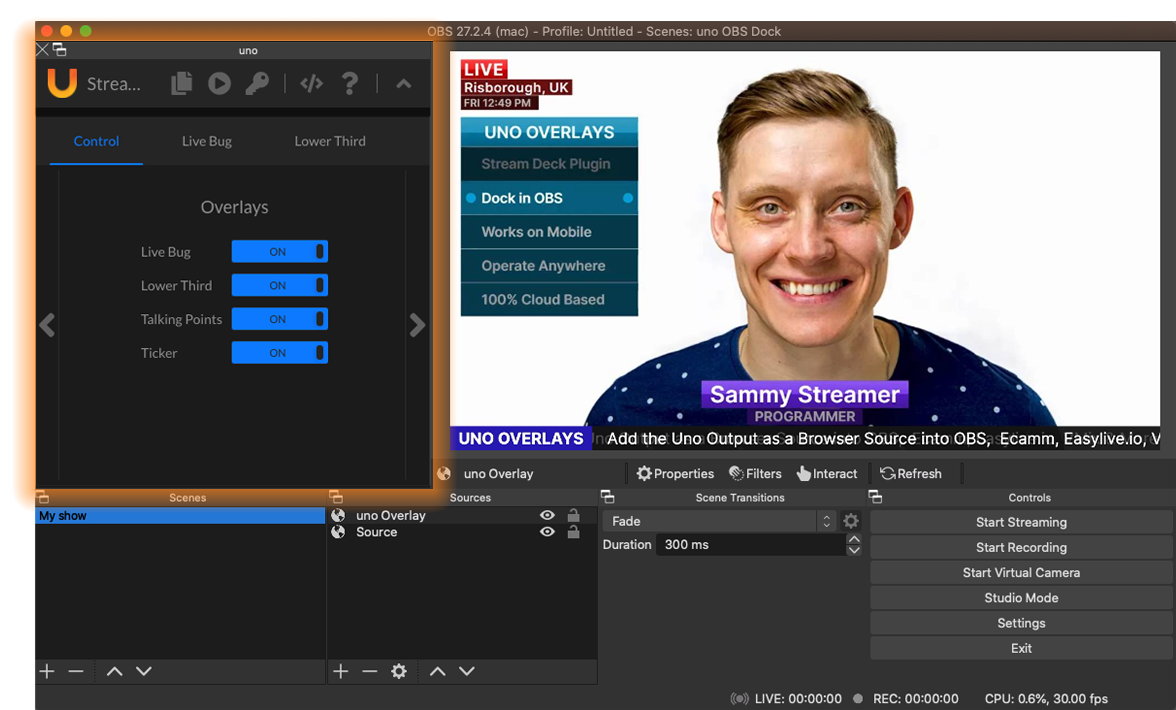 Dock uno overlay control into OBS
