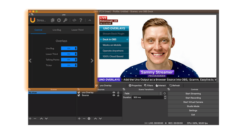 Dock uno overlay control into OBS