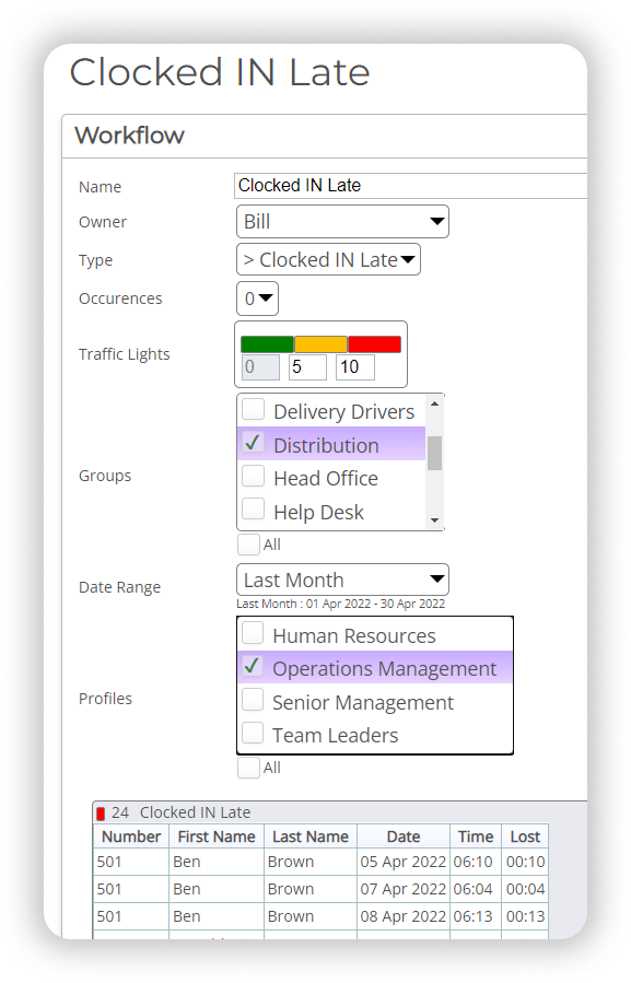 How do I set up a ‘Clocked IN Late’ Workflow and what is it used for?