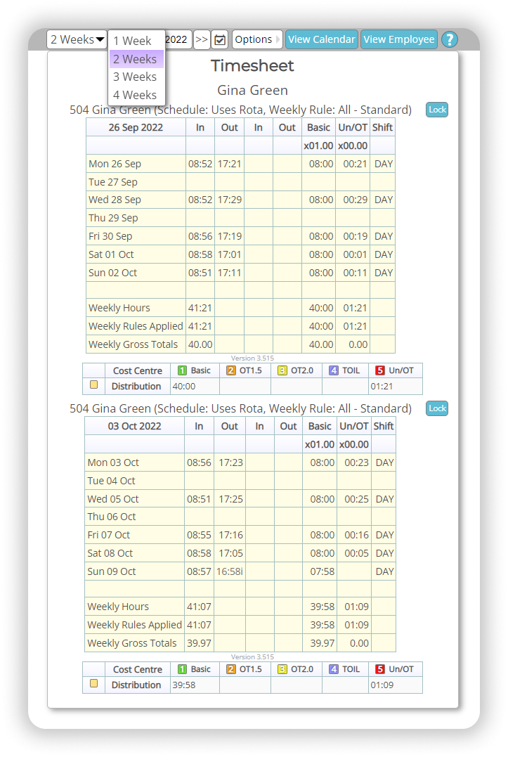 How do I view several weeks of Timesheets at the same time?