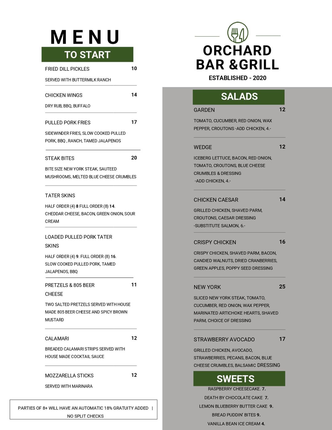 Menu | Orchard Bar & Grill | Chowchilla, CA