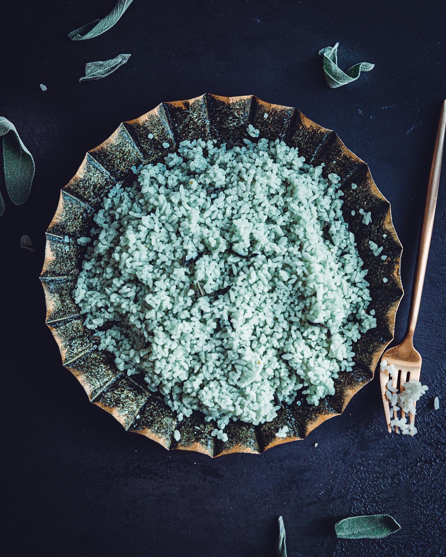 Jade Pearl Rice with Garlic, Vegan Butter, Sherry Vinegar and Sage