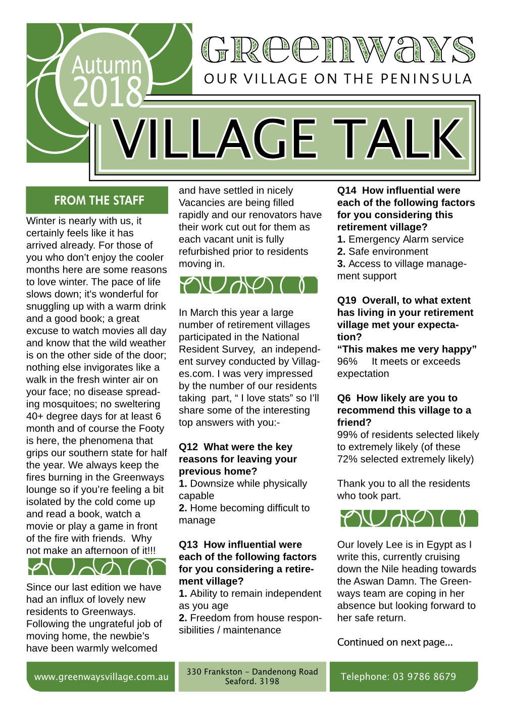 Village Talk – Autumn 2018 – Greenways Retirement Village