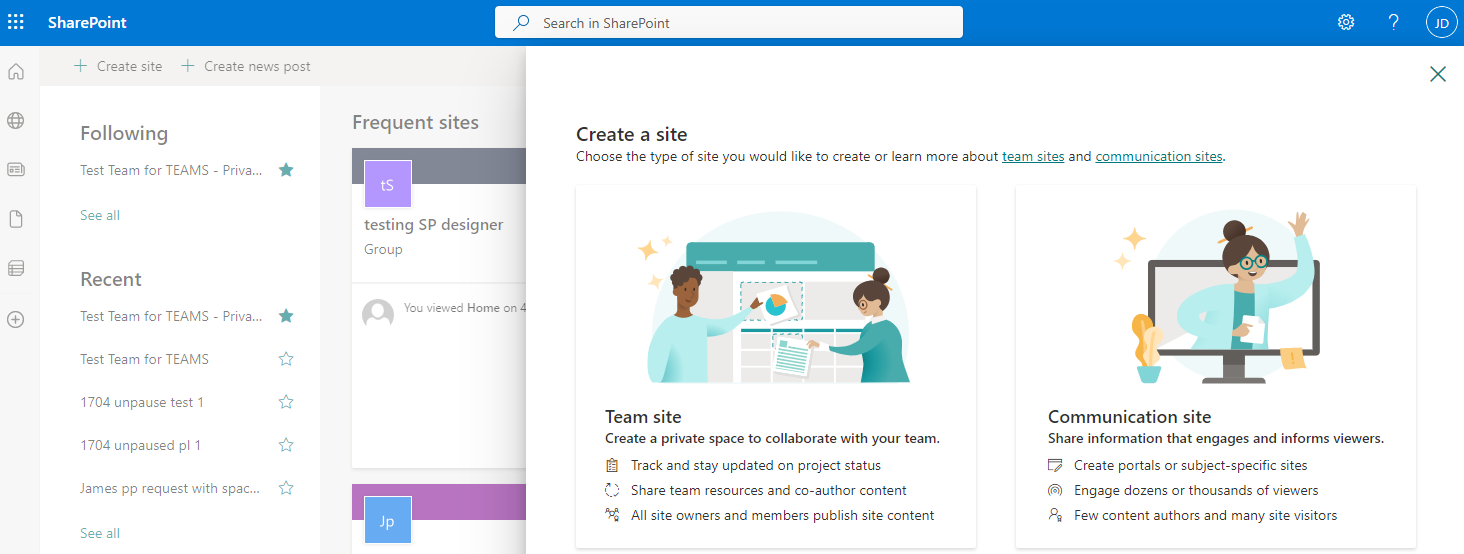 What are the different ways to create a SharePoint team site?