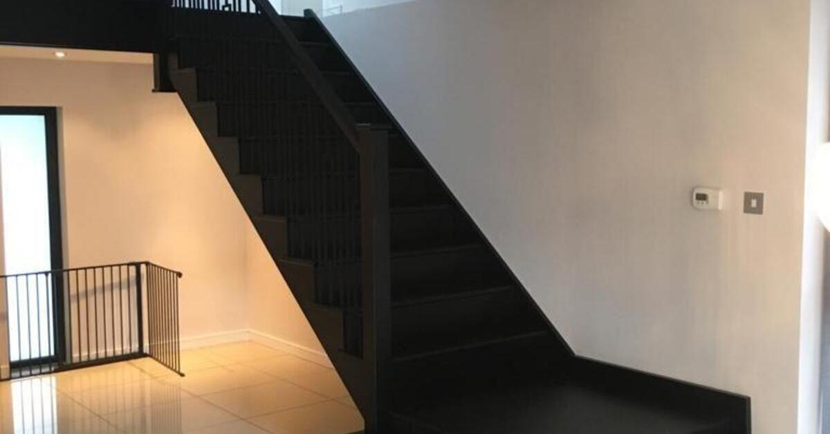 Black Painted Solid Oak Staircase With Cut Stringer and Black Iron ...