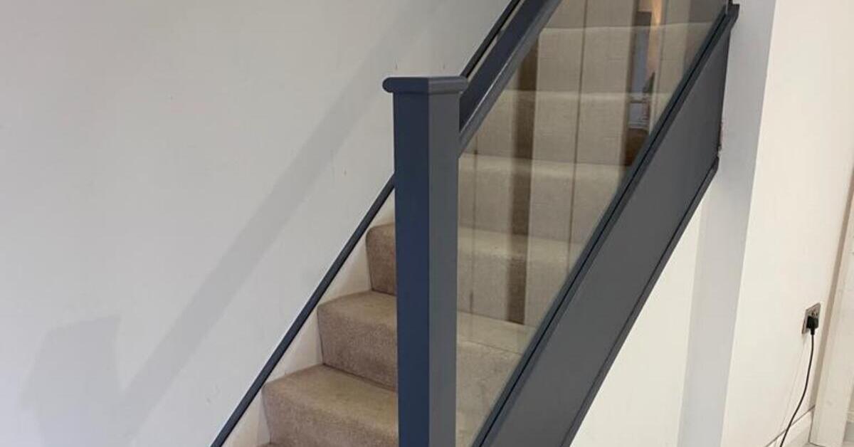 Grey Painted Solid Oak Staircase Renovation With Seamless Glass ...