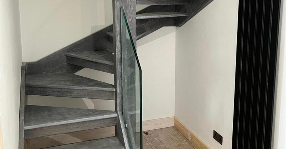 Grey Painted Staircase With Bolted Glass Balustrade | The Stair Shop