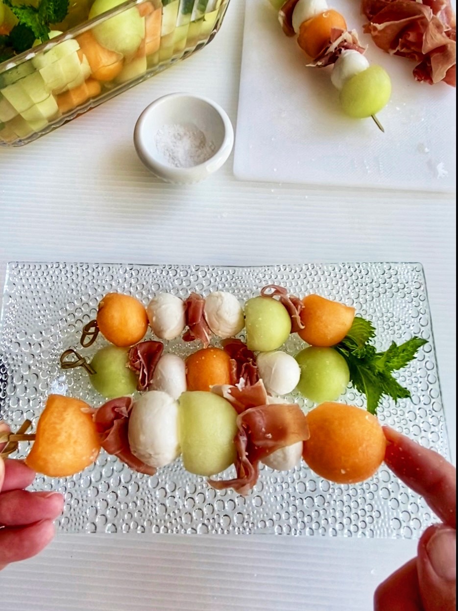 Minted Melon Ball Skewers with Prosciutto Ribbons and Fresh Mozzarella