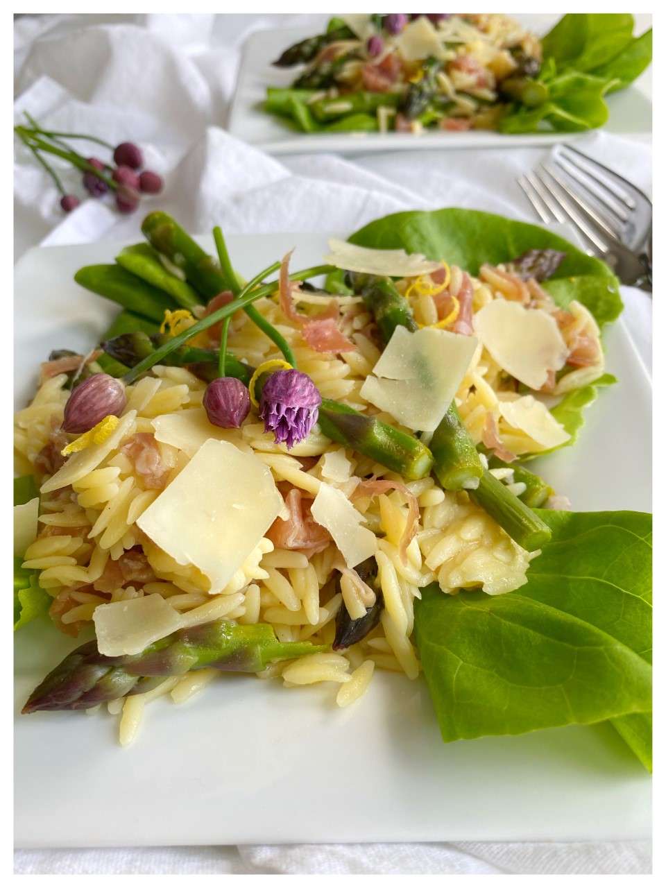 Orzo Salad with Prosciutto Ribbons, Asparagus Tips and Shaved Parmesan