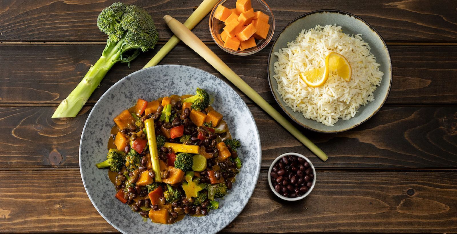 Adzuki Bean, Sweet Potato, Broccoli and Coconut Milk Curry with Lemon Rice