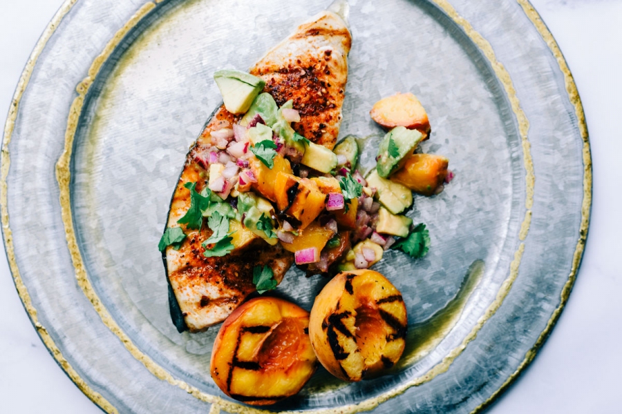 Grilled Halibut and Honey Aleppo Pepper Peach Salsa - Victoria Gourmet