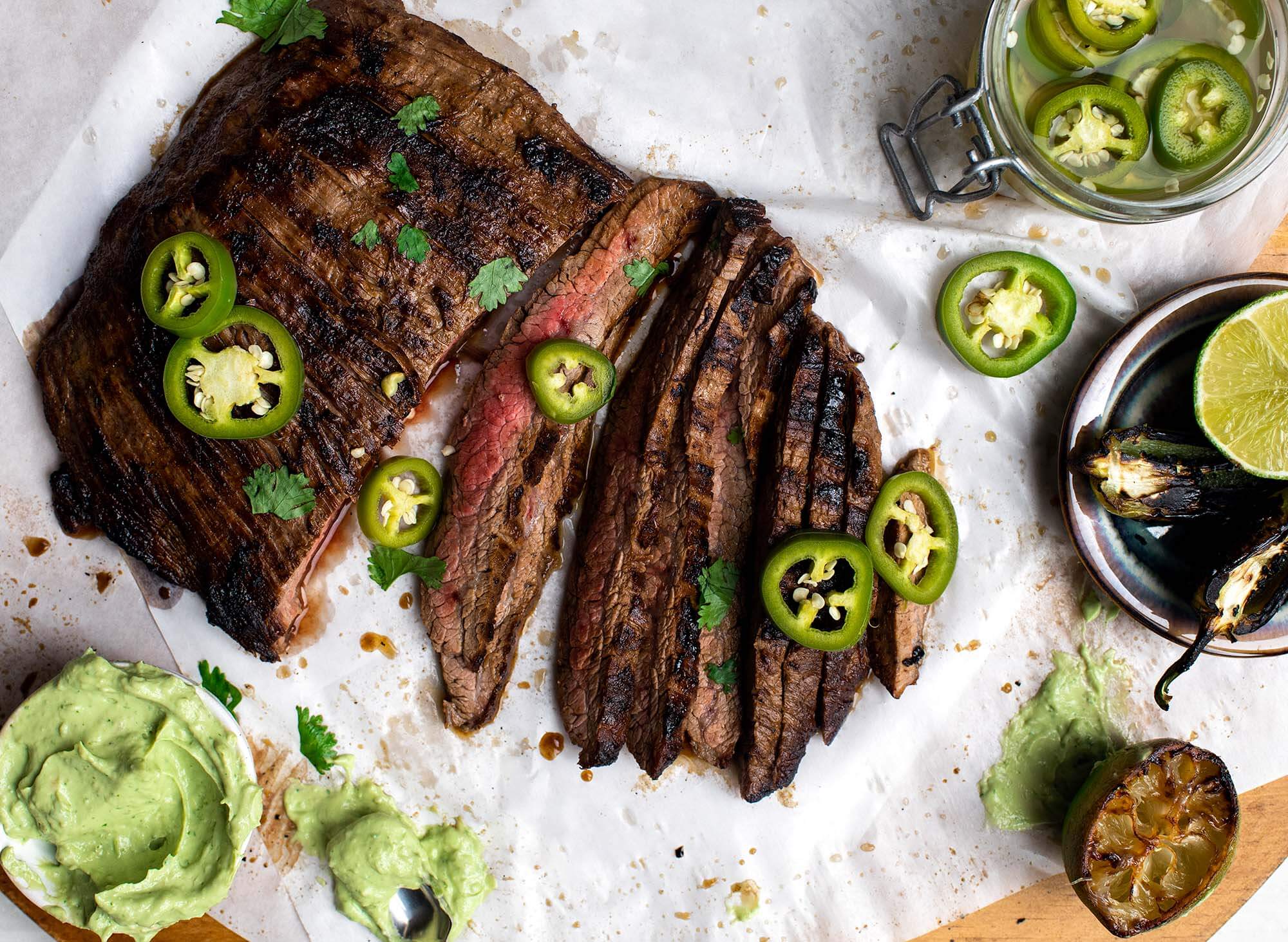 Carne Asada with Avocado Crema and Pickled Jalapeños - Victoria Gourmet