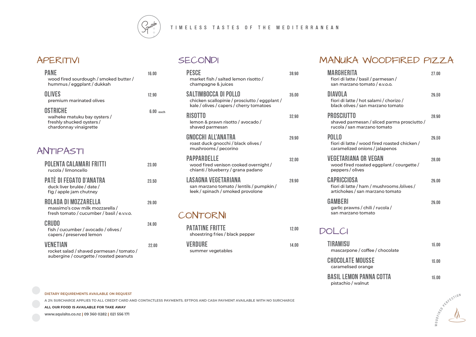 Squisito Trattoria Food Menu