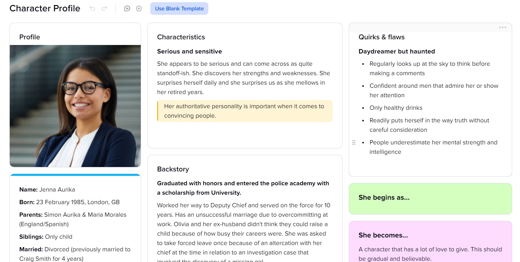 Free character profile template online web or app - xTiles