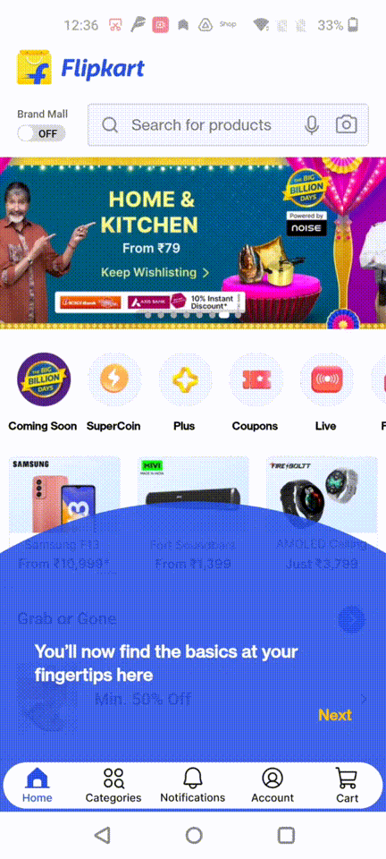 Flipkart uses coachmarks to onboard new users