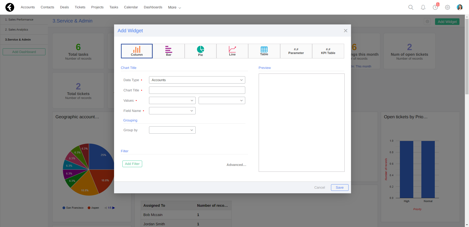 Widget types | Fireberry Support
