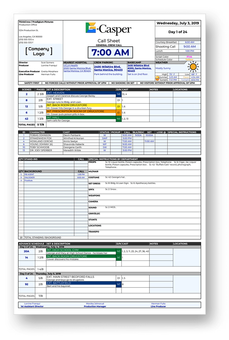 G-Casper: Free Call Sheet Template