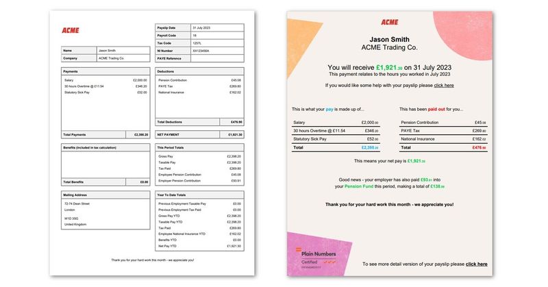 Plain Numbers Payslip to help people with low numeracy