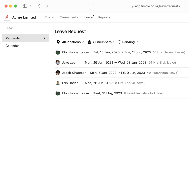 Timble - Manage staff rosters, timesheets and leave requests, all-in-one place.