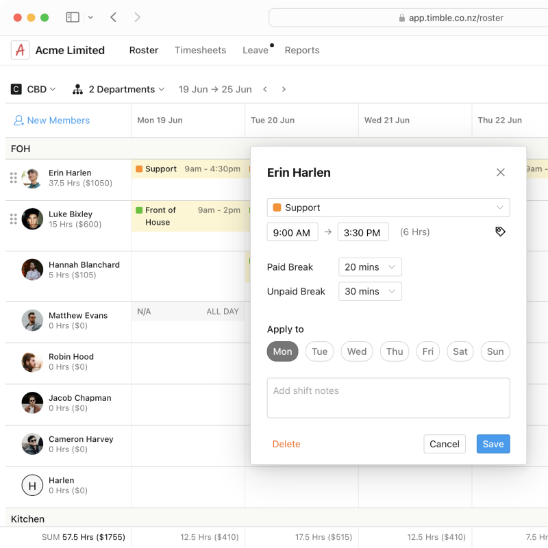 Timble - Manage staff rosters, timesheets and leave requests, all-in-one place.