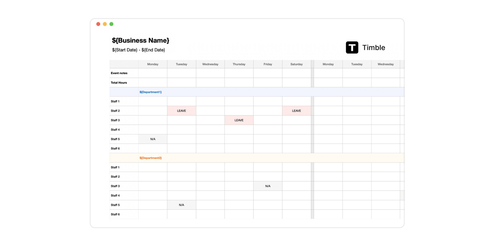 Fortnightly Staff Roster Template(Excel) Free - Timble