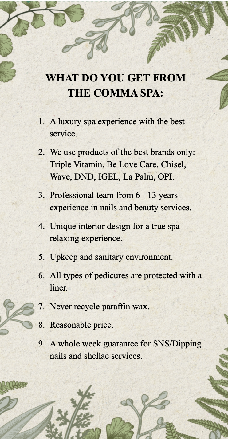 The Comma Spa | menu