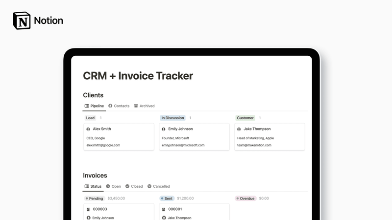 CRM + Invoice Tracker - Notionland Template Gallery
